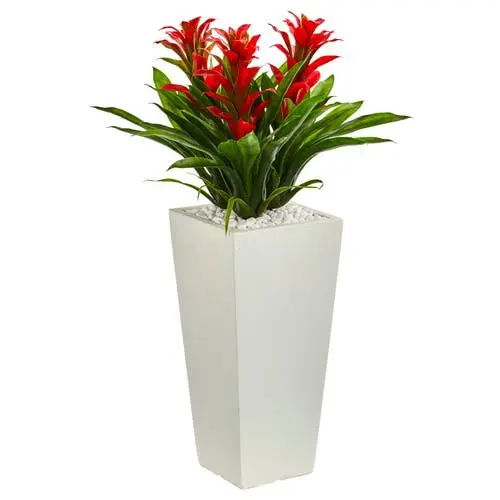 NEARLY NATURAL Triple Bromeliad Artificial Plant In White Tower Planter - Red
