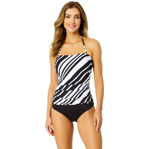 ANNE COLE Shirred Strapless Bandeau Tankini Swim Top - Bardot Stripe
