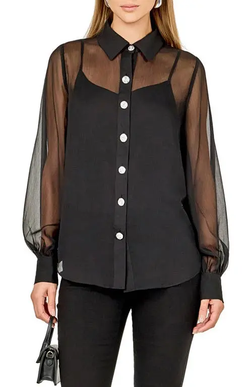 Endless Rose Volume Sleeve Sheer Button-down Shirt