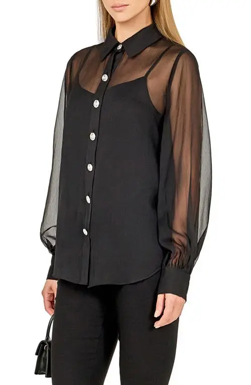Endless Rose Volume Sleeve Sheer Button-down Shirt