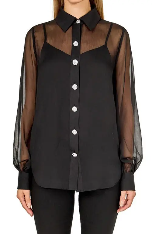 Endless Rose Volume Sleeve Sheer Button-down Shirt