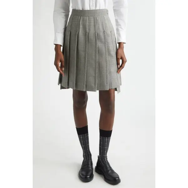 Thom Browne Glen Plaid Pleated Wool Skirt - Black/white