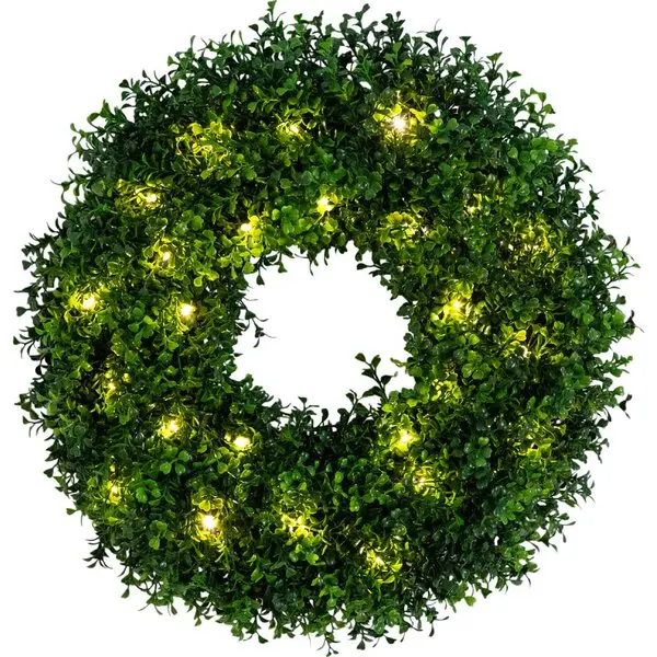 NEARLY NATURAL 18-in Pre-lit Artificial Boxwood Wreath With 25 Warm White Led Lights - Green