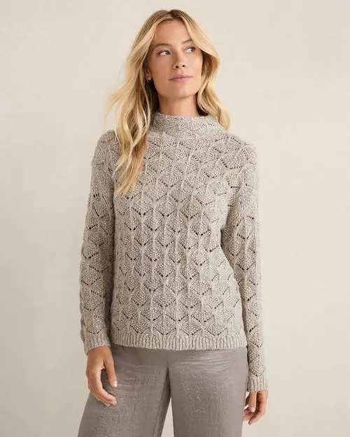 HAVEN WELL WITHIN Lurex Blend Pointelle Crewneck Sweater - Oyster Shell W/lurex