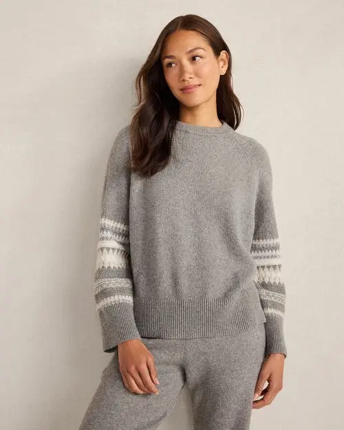 HAVEN WELL WITHIN Organic Cotton Blend Nostalgic Fair Isle Crewneck Sweater - Fog Heather