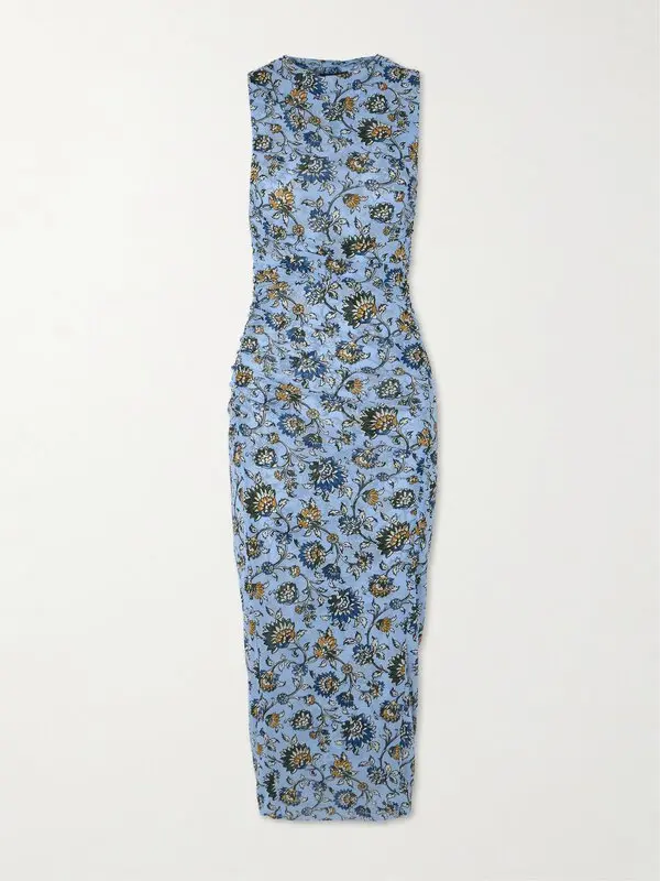 Veronica Beard Sylviani Ruched Floral-print Stretch-tulle Midi Dress