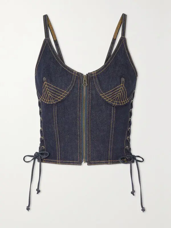 JEAN PAUL GAULTIER Lace-up Topstitched Denim Bustier Top