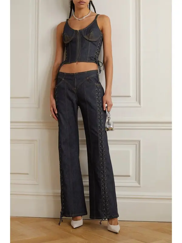 JEAN PAUL GAULTIER Lace-up Topstitched Denim Bustier Top