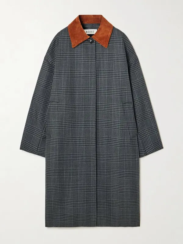 RÓHE Checked Wool Coat With Suede Trim - Gray