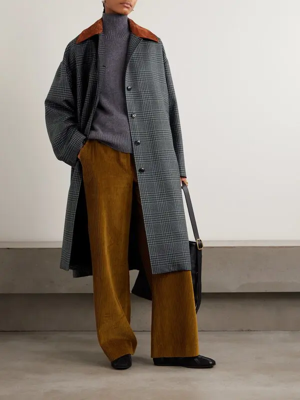 RÓHE Checked Wool Coat With Suede Trim - Gray