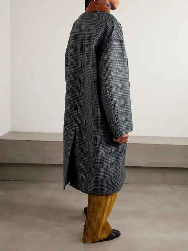 RÓHE Checked Wool Coat With Suede Trim - Gray