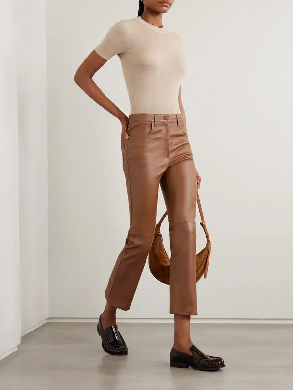 JOSEPH Duke Cropped Leather Flare Pants - Brown