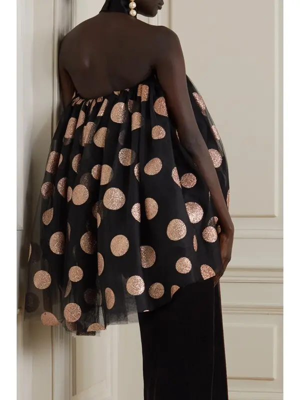 Halpern Cropped Halterneck Glittered Polka-dot Tulle Top