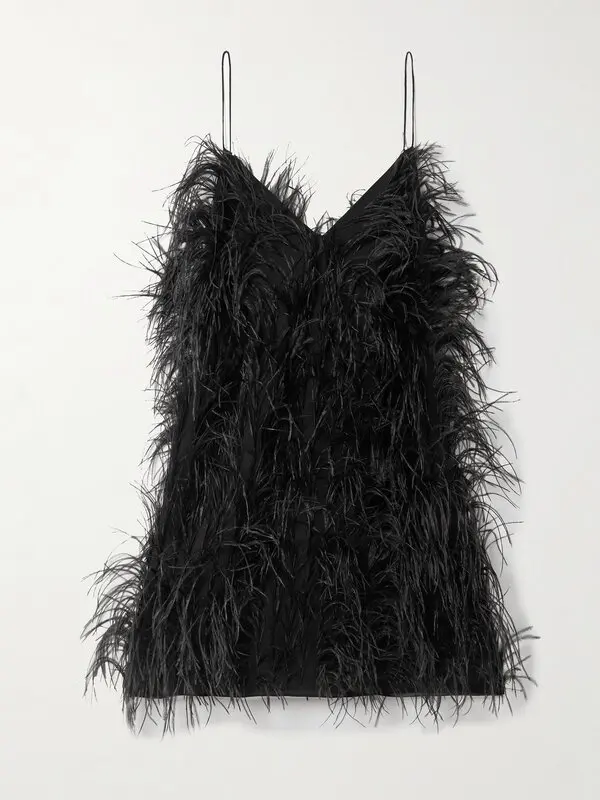 Sharon Wauchob Anvers Feather-trimmed Silk-satin Mini Dress - Black