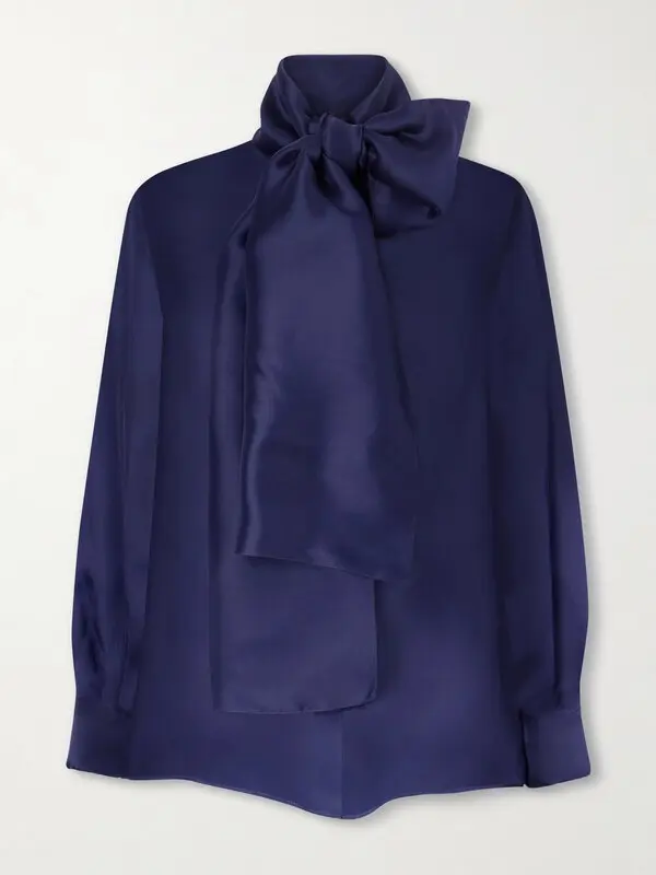 Another Tomorrow Bow-embellished Silk-organza Blouse - Blue