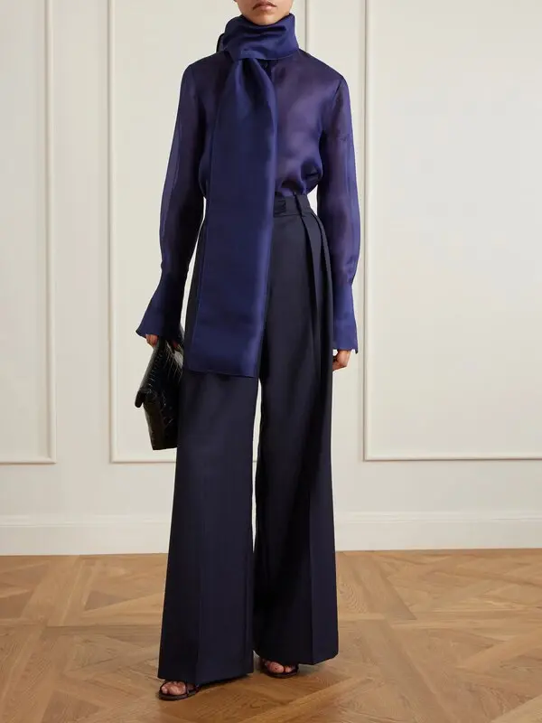 Another Tomorrow Bow-embellished Silk-organza Blouse - Blue