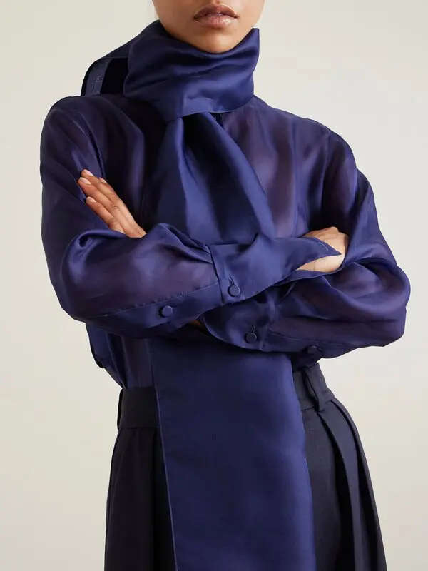 Another Tomorrow Bow-embellished Silk-organza Blouse - Blue