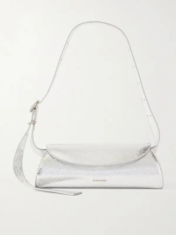 JIL SANDER Crinkled Metallic Leather Shoulder Bag - Silver