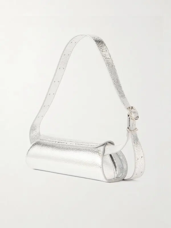 JIL SANDER Crinkled Metallic Leather Shoulder Bag - Silver