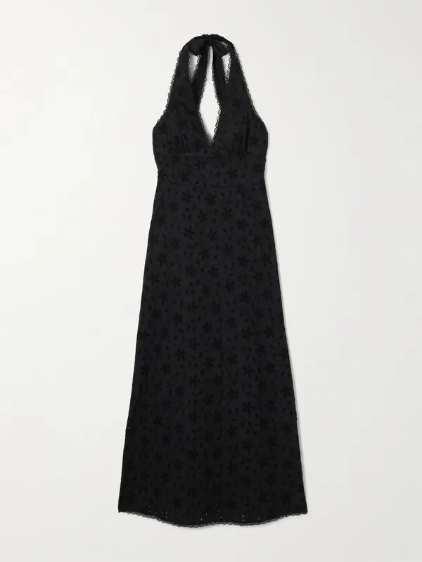 Posse Salma Broderie Anglaise Cotton Halterneck Midi Dress - Black