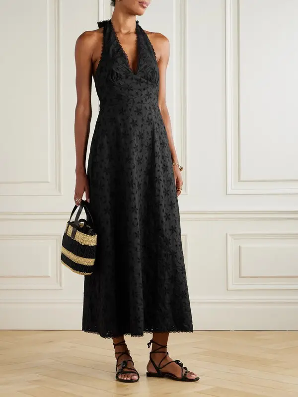 Posse Salma Broderie Anglaise Cotton Halterneck Midi Dress - Black