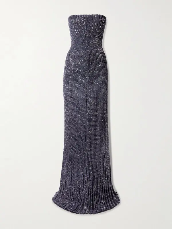 Alaïa Strapless Sequin-embellished Ribbed-knit Gown - Blue