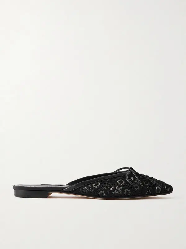 Manolo Blahnik Ballerimu Leather-trimmed Lace Flats With Bow Detailing - Black