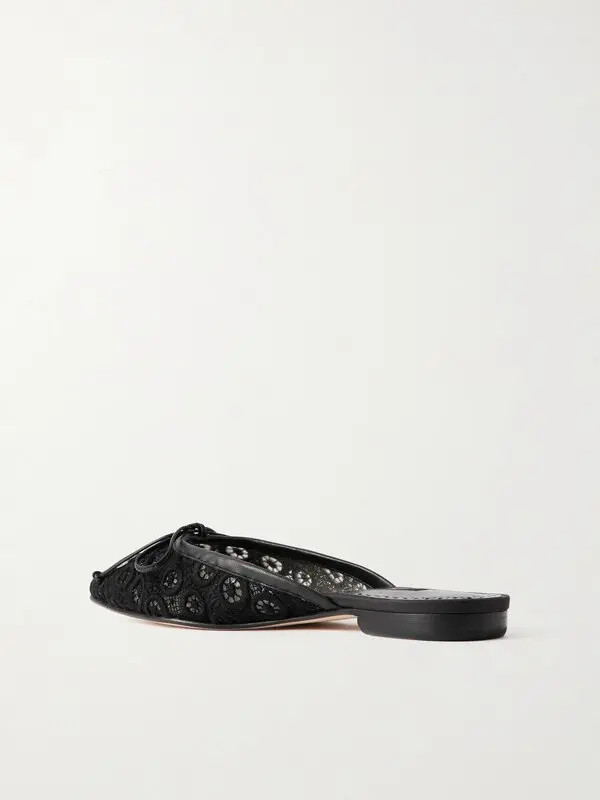 Manolo Blahnik Ballerimu Leather-trimmed Lace Flats With Bow Detailing - Black