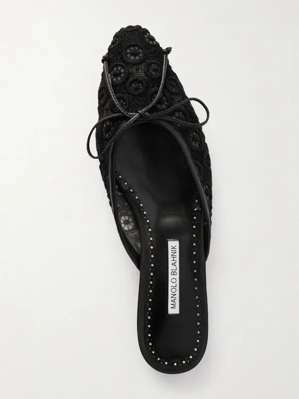 Manolo Blahnik Ballerimu Leather-trimmed Lace Flats With Bow Detailing - Black