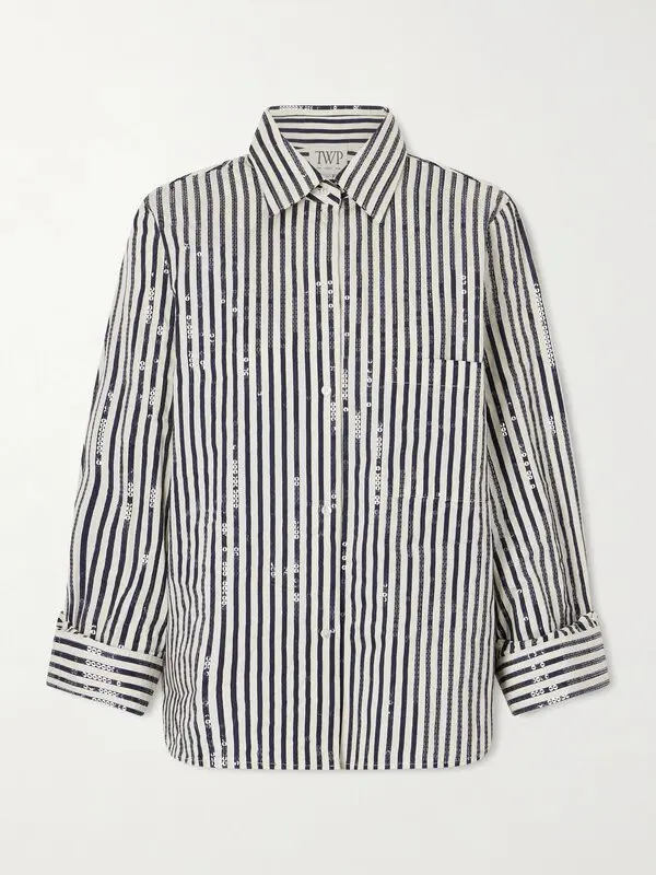 TWP Sequined Striped Cotton-blend Poplin Shirt