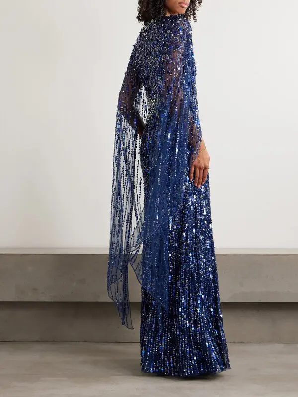 Jenny Packham Cape-effect Embellished Tulle Gown - Blue