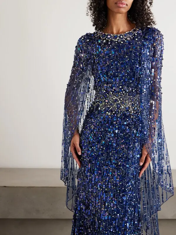 Jenny Packham Cape-effect Embellished Tulle Gown - Blue