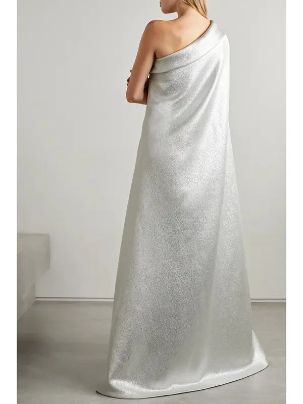REEM ACRA One-shoulder Lamé Gown