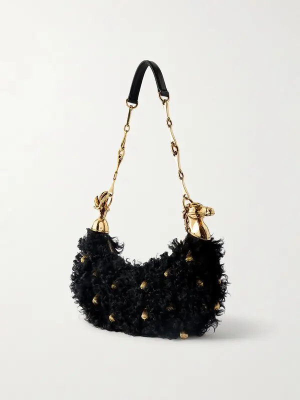 Chloé Chain Horse Embellished Shearling Shoulder Bag