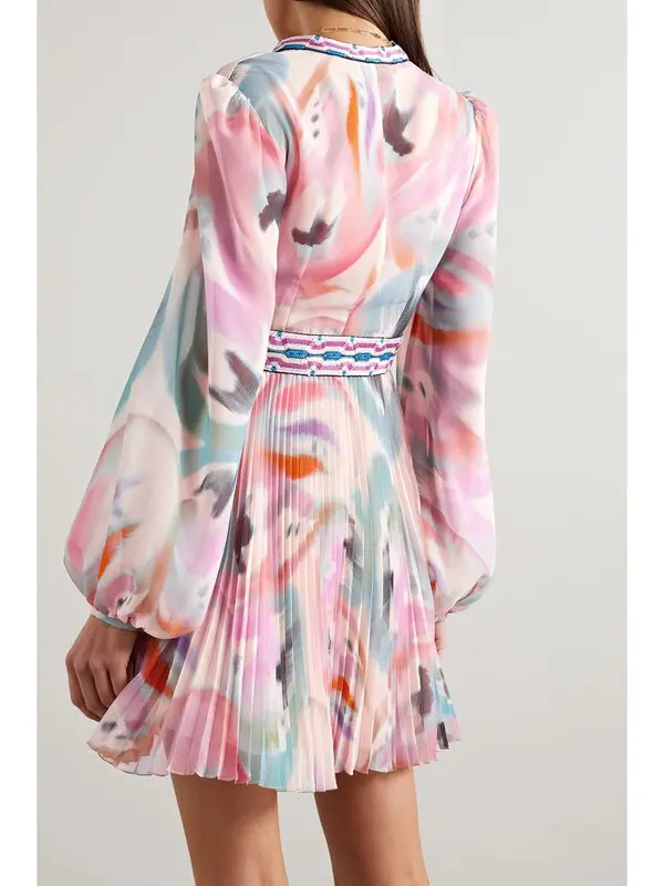 Etro Pleated Crochet-trimmed Printed Chiffon Mini Dress