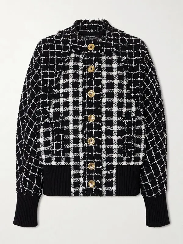 Balmain Frayed Checked Bouclé-tweed Bomber Jacket - Black