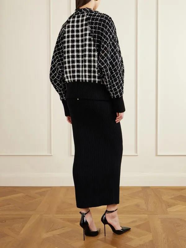 Balmain Frayed Checked Bouclé-tweed Bomber Jacket - Black