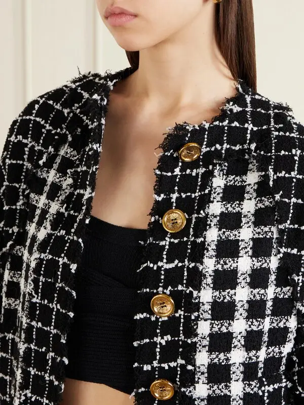Balmain Frayed Checked Bouclé-tweed Bomber Jacket - Black
