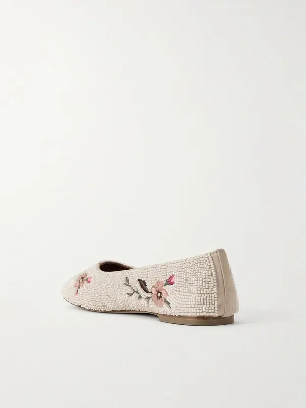 Staud Alba Beaded Embroidered Satin Ballet Flats - Neutrals