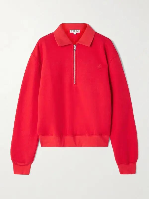 Eterne Embroidered French Cotton-blend Terry Half-zip Sweatshirt - Red
