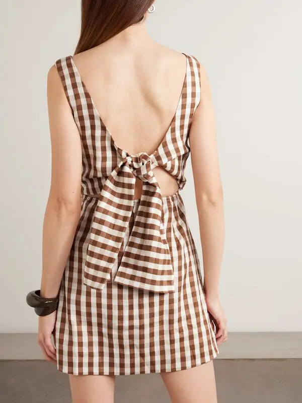Faithfull The Brand Sofia Tie-detailed Gingham Linen Mini Dress - Brown