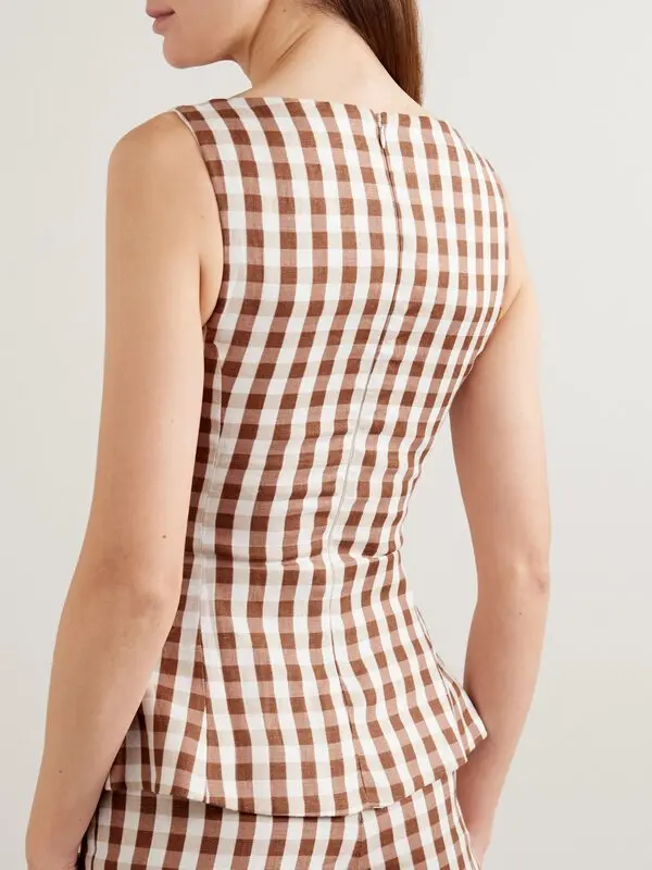 Faithfull The Brand Ana Gingham Linen Peplum Top - Brown