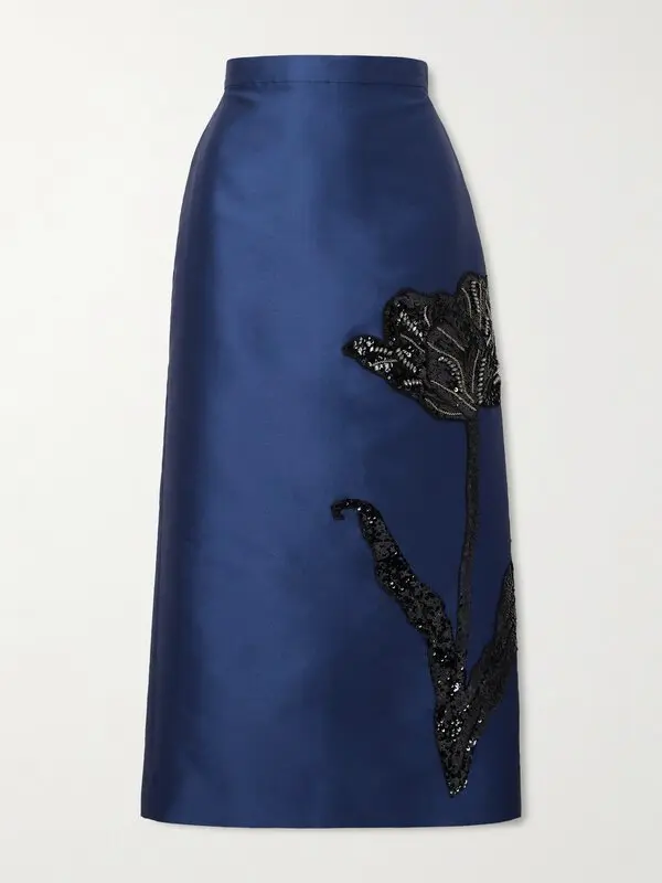 Erdem Sequined Embroidered Satin Midi Skirt - Blue