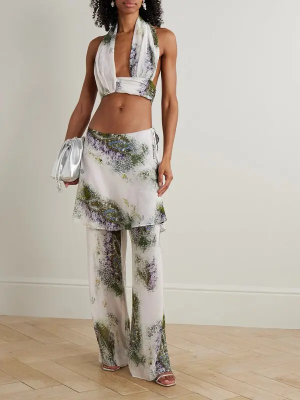 Christopher Esber Absence Cropped Printed Silk-chiffon Halterneck Top