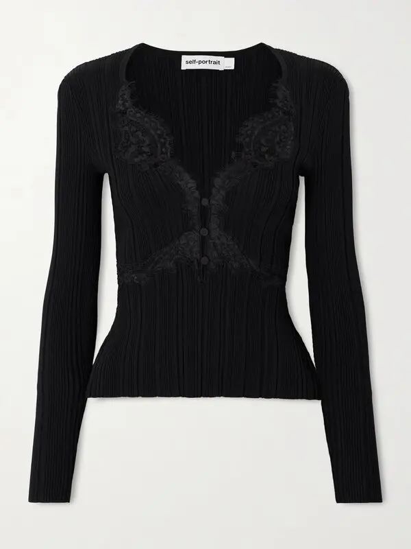SELF-PORTRAIT Lace-trimmed Ribbed-knit Top