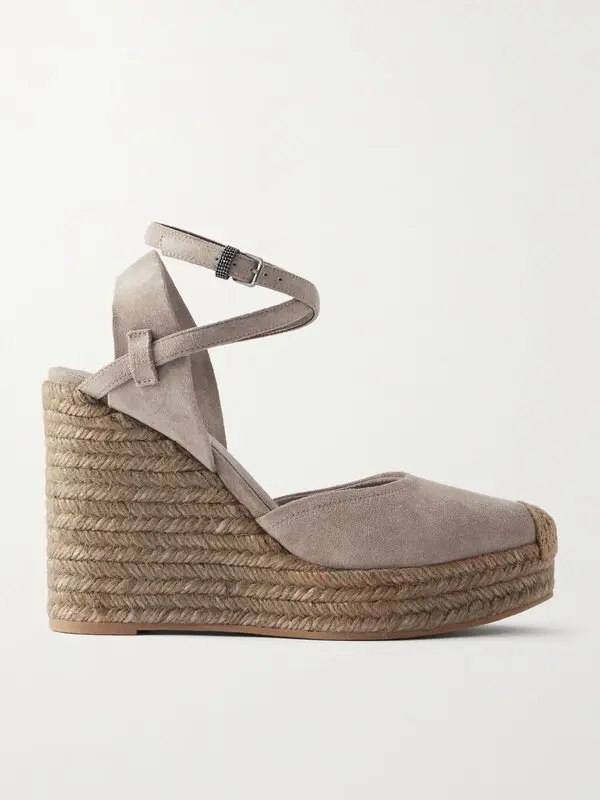 Brunello Cucinelli Embellished Suede Platform Wedge Espadrille Sandals - Gray