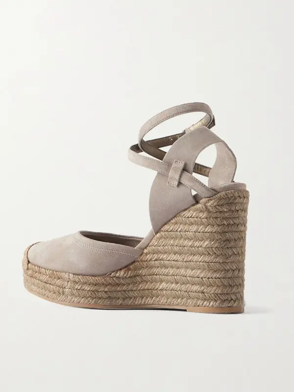 Brunello Cucinelli Embellished Suede Platform Wedge Espadrille Sandals - Gray