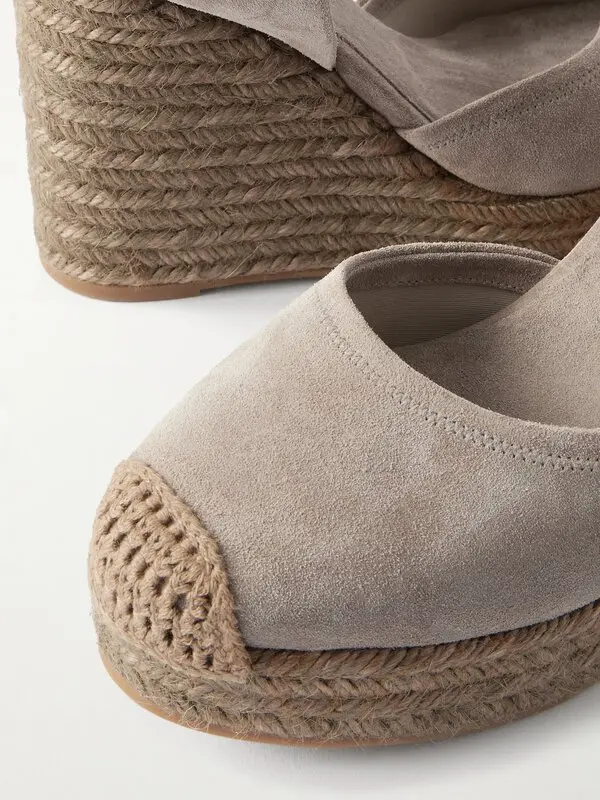 Brunello Cucinelli Embellished Suede Platform Wedge Espadrille Sandals - Gray