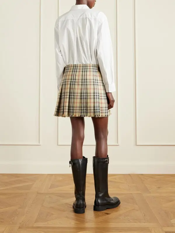 Burberry Leather-trimmed Pleated Checked Wool Mini Skirt - Neutrals
