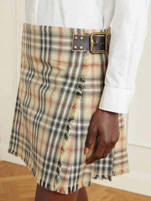 Burberry Leather-trimmed Pleated Checked Wool Mini Skirt - Neutrals
